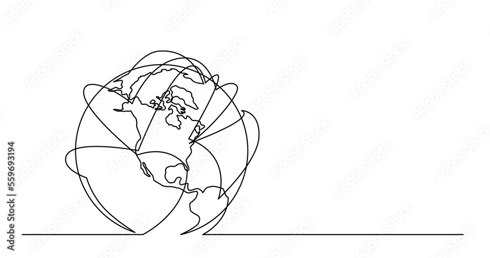 continuous line drawing of world planet earth with airlines flights PNG ...