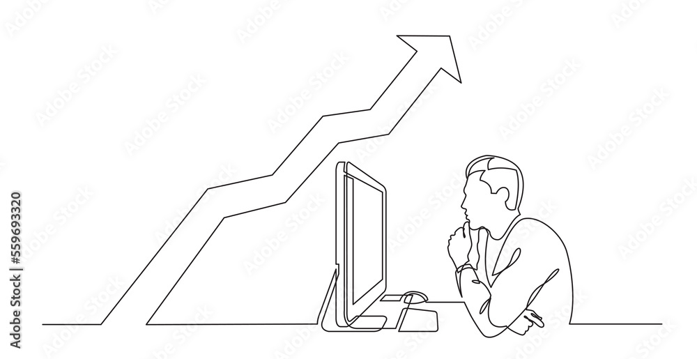 continuous line drawing office worker concentrated behind computer ...
