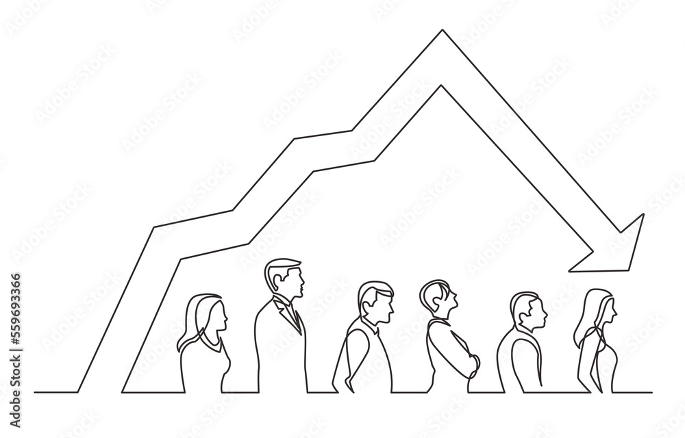 continuous line drawing people standing in line with declining chart ...