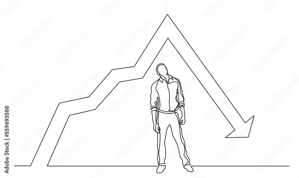 continuous line drawing standing thinking man looking at declining ...