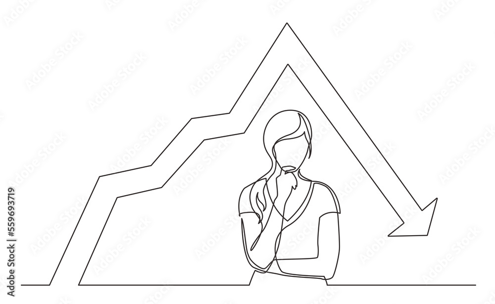 continuous line drawing woman confused with declining chart PNG image ...