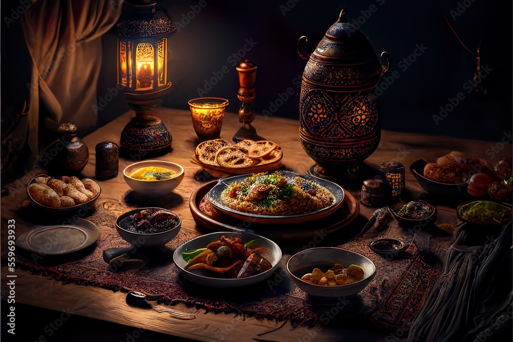 Celebration of ramadan with a wonderful table full of meals and drinks ...