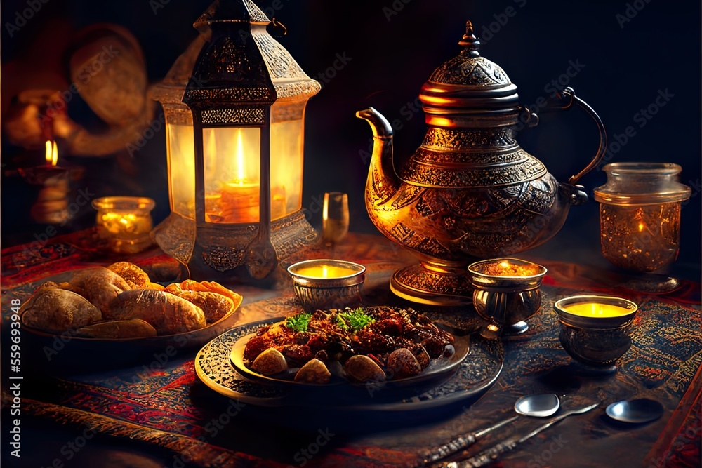 Celebration of ramadan with a wonderful table full of meals and drinks ...