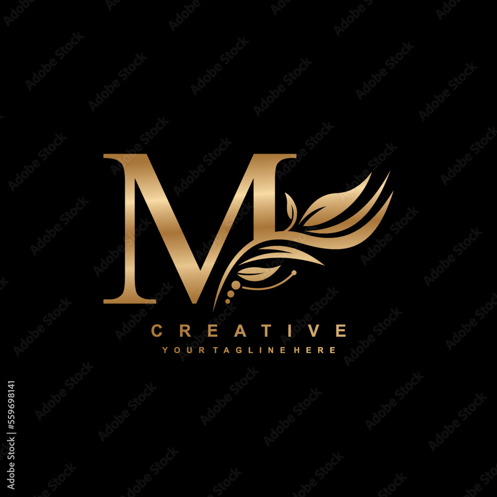 gold letter M logo design with luxurious and beautiful leaf ornament. M ...