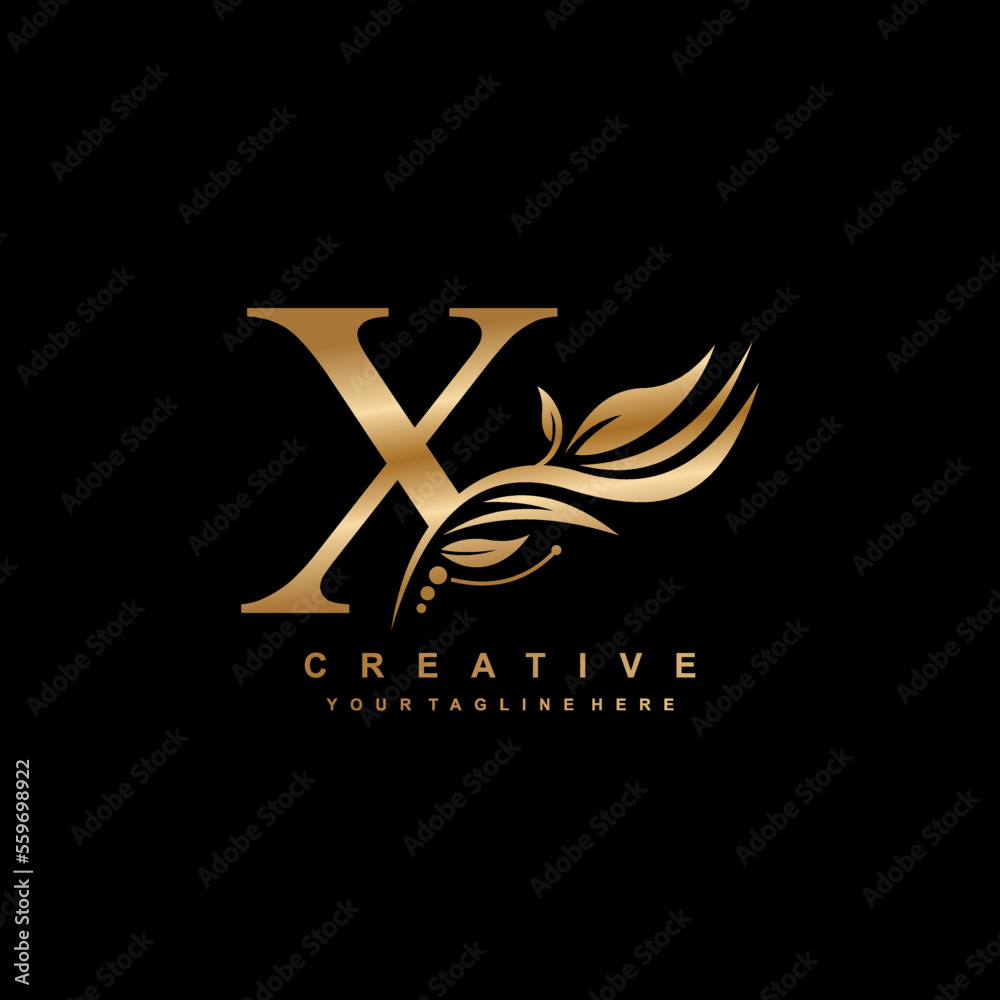 gold letter X logo design with luxurious and beautiful leaf ornament. X ...