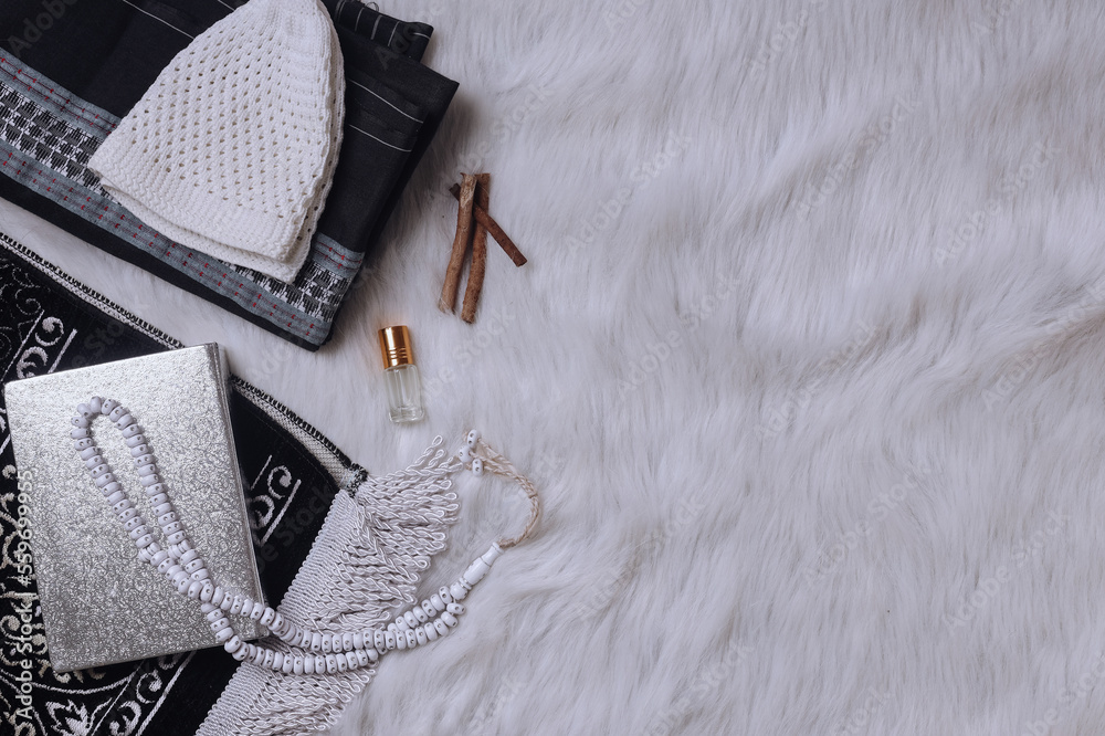 Islamic background with copy space, muslim prayer equipment for salah ...