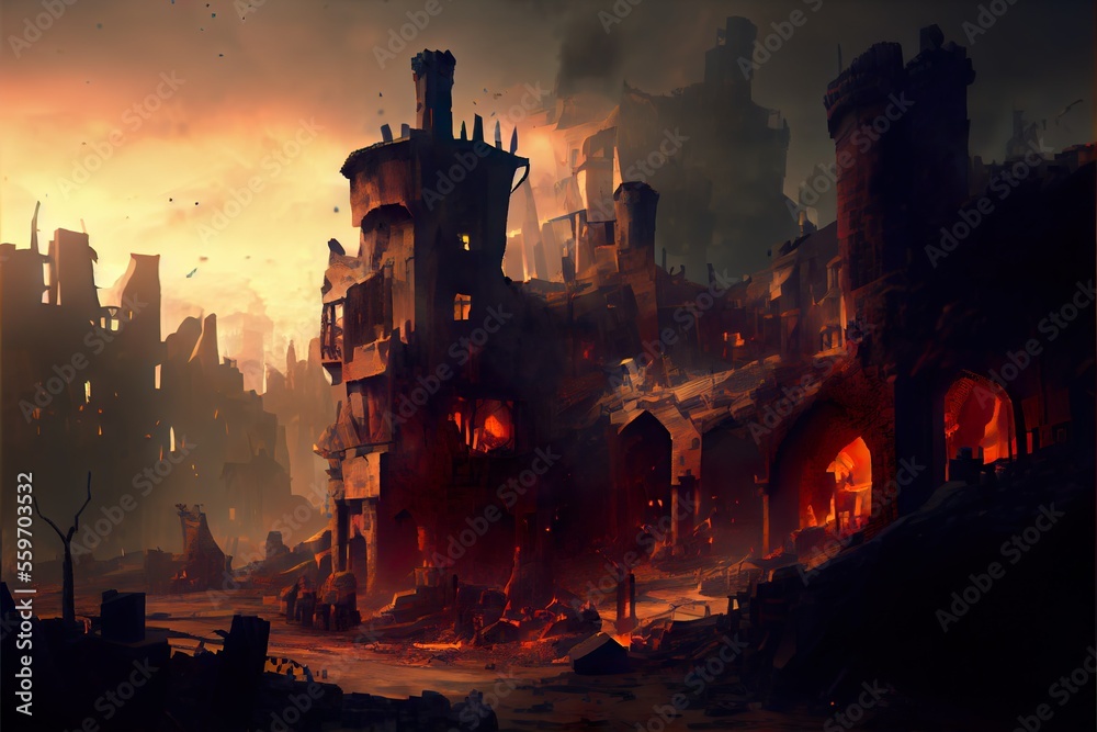 concept art style landscape painting of destroyed medieval fantasy city ...