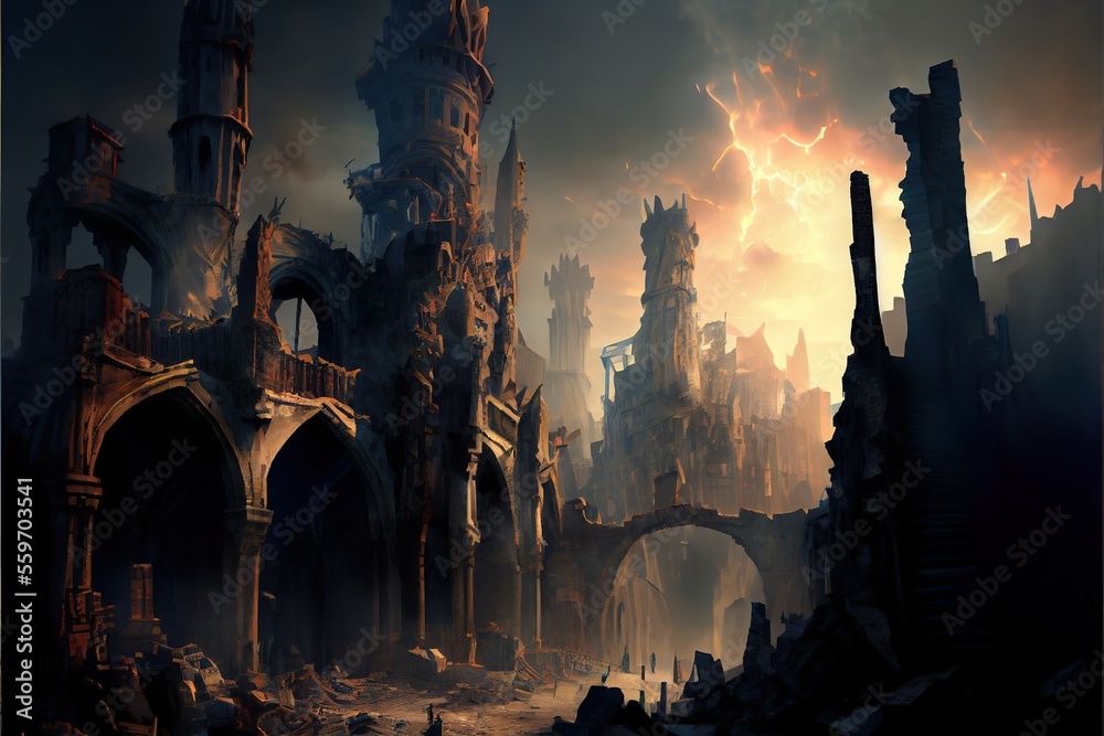 concept art style landscape painting of destroyed medieval fantasy city ...