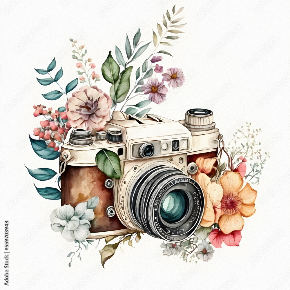 Retro camera in flowers and plants. Hand drawn photo camera. Can be ...