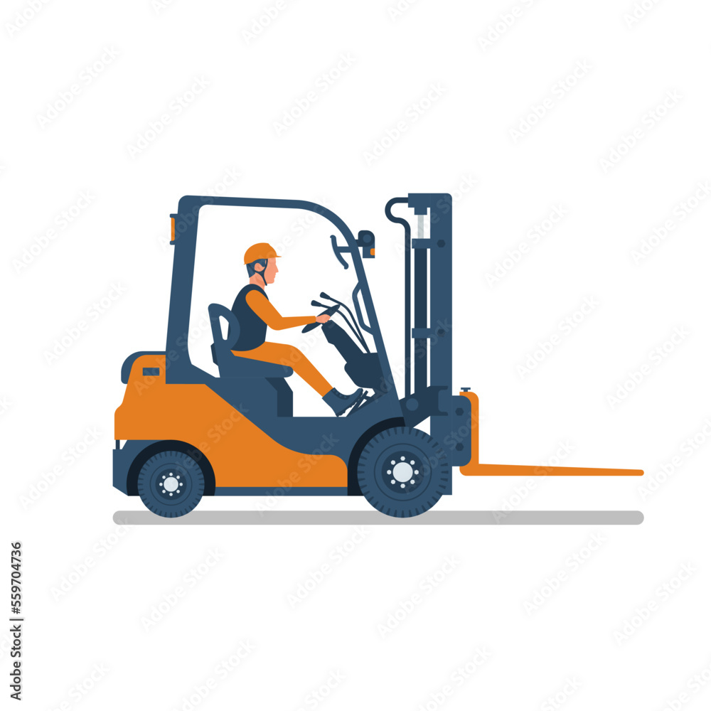 Forklift truck. The driver of the vehicle is driving. Delivery ...