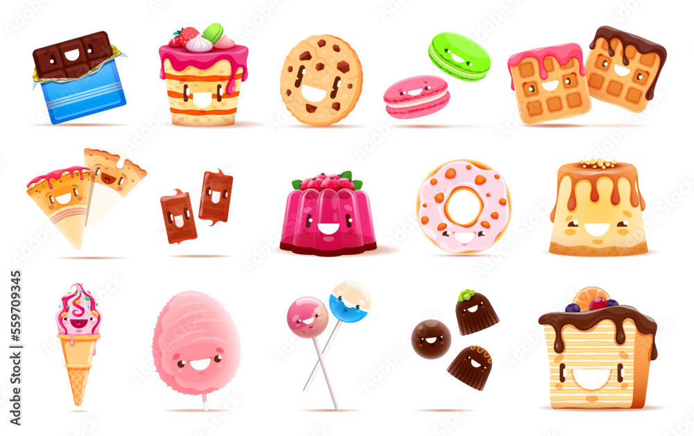 Vetor de Cartoon funny sweets, desserts and bakery characters. Isolated vector kawaii chocolate ...