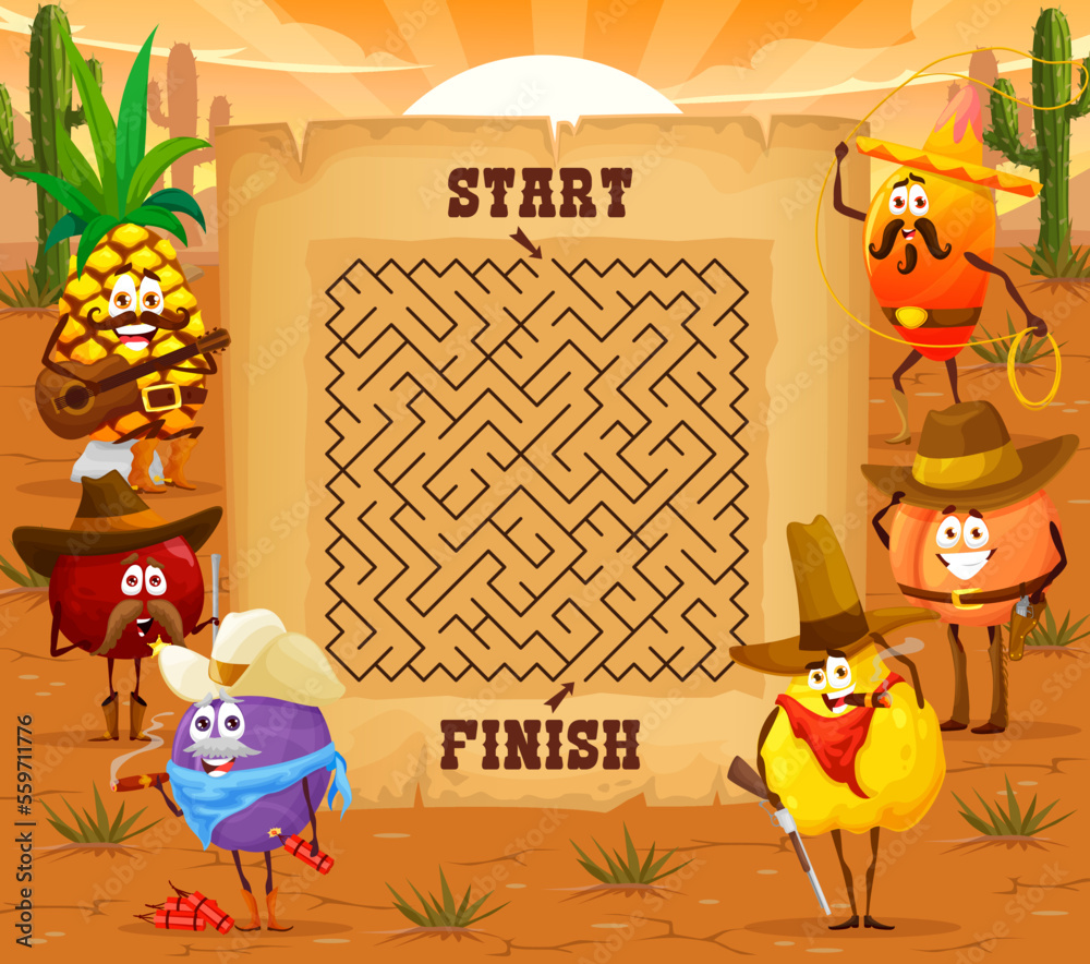 Labyrinth maze game, cartoon fruit western cowboy, ranger, sheriff and ...