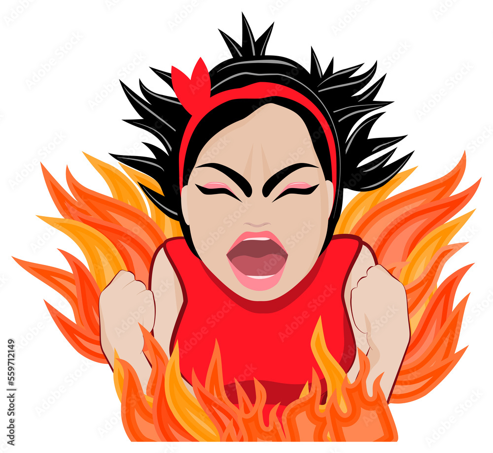 Grr! Cartoon brunette woman knitted her brows, closed her eyes, opened ...