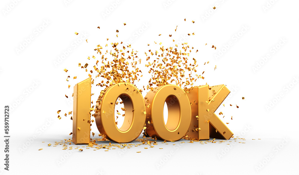 100K thank you illustration with golden text and confettis - transparent background Stock ...