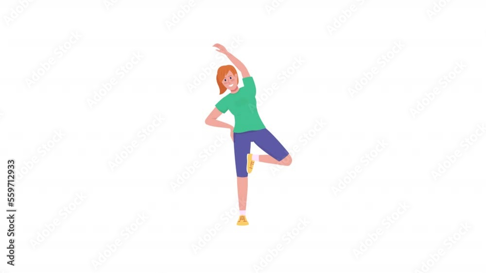 Animated female teenager stretching. Yoga class. Full body flat person ...