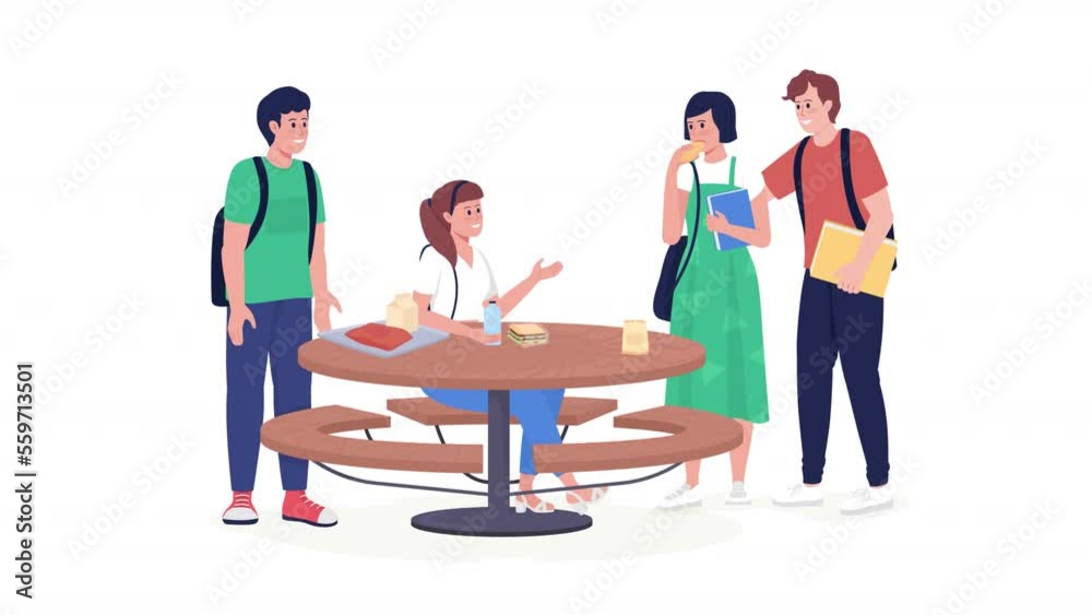 Animated outdoor school cafeteria. Eating lunch together. Full body ...