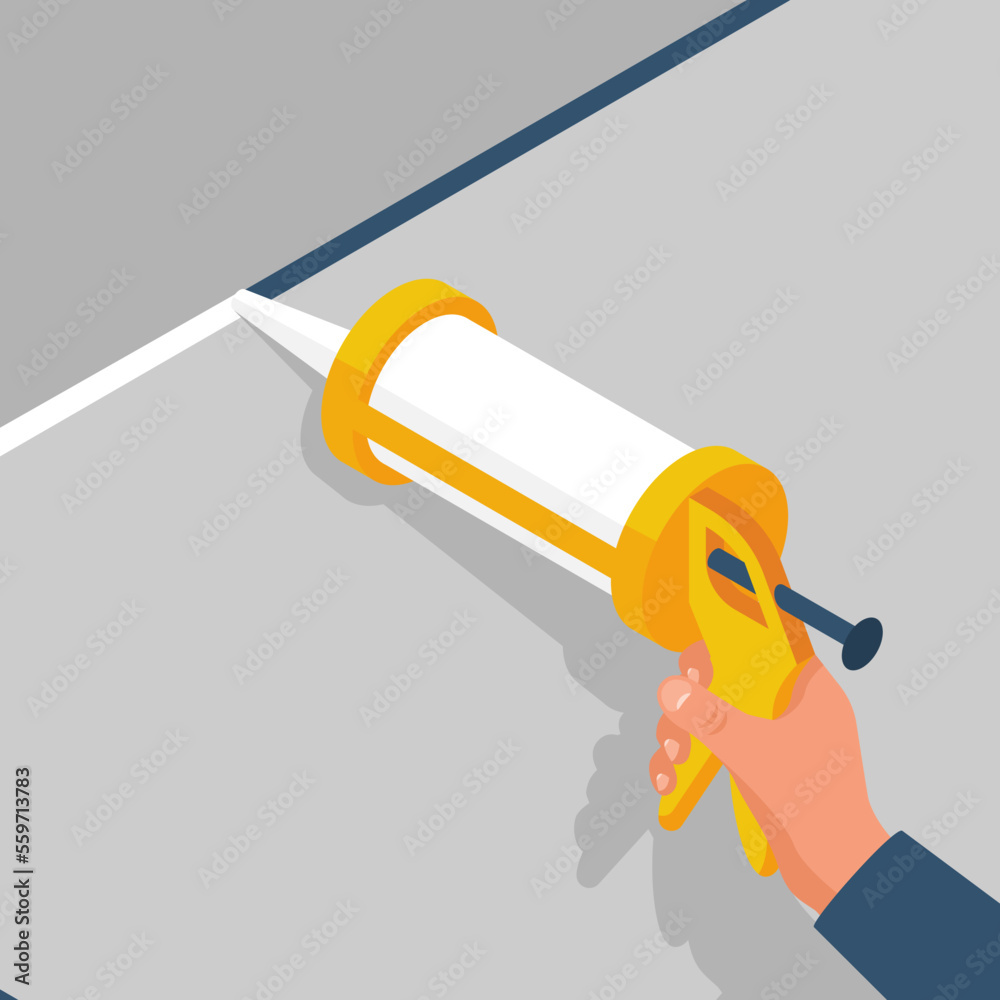 Sealant for sealing holes. The worker holds a caulk gun in hand. Vector ...