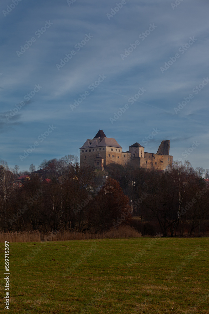 Country landscape with a medieval castle. A medieval castle on its ...