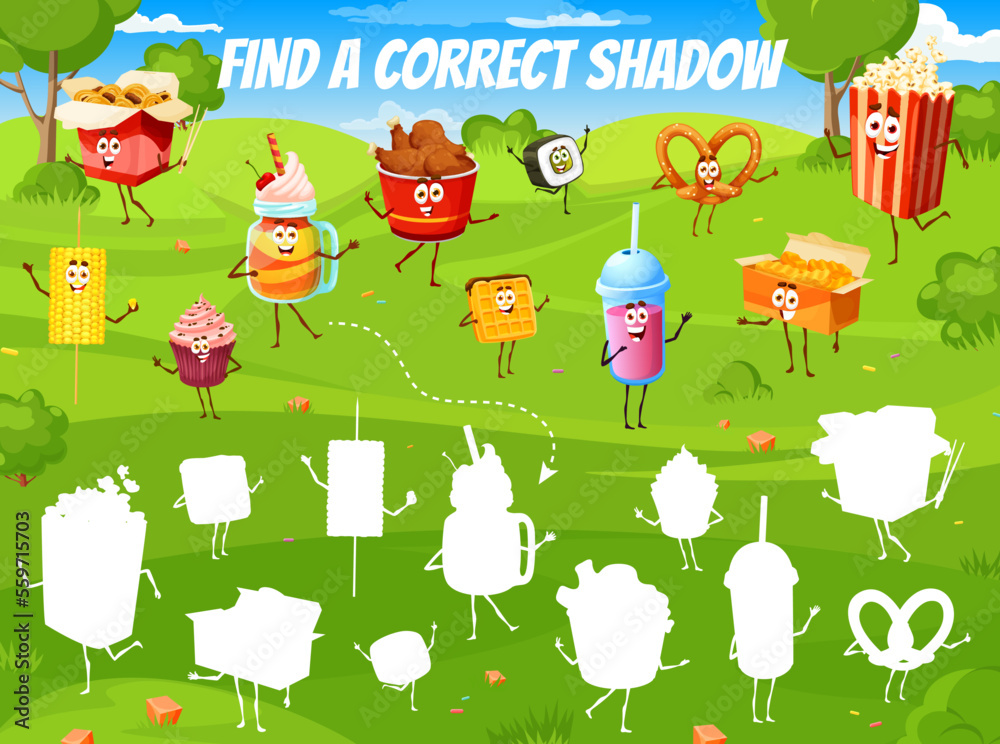 Find a correct shadow of cartoon fast food and desserts characters kids ...