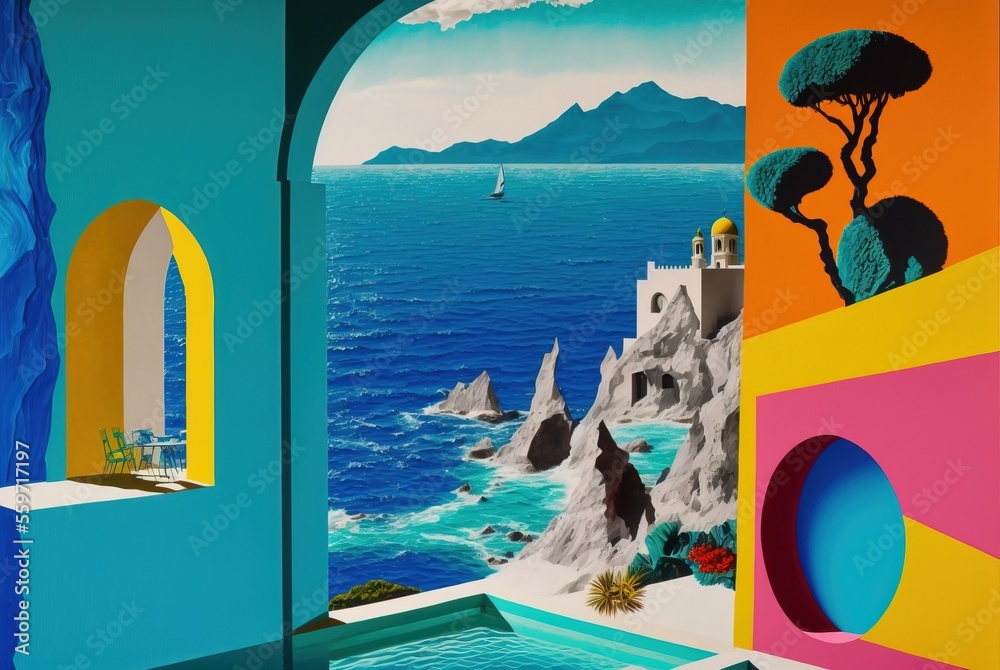 Ocean blue Mediterranean villa opulence overlooking the summer day ...