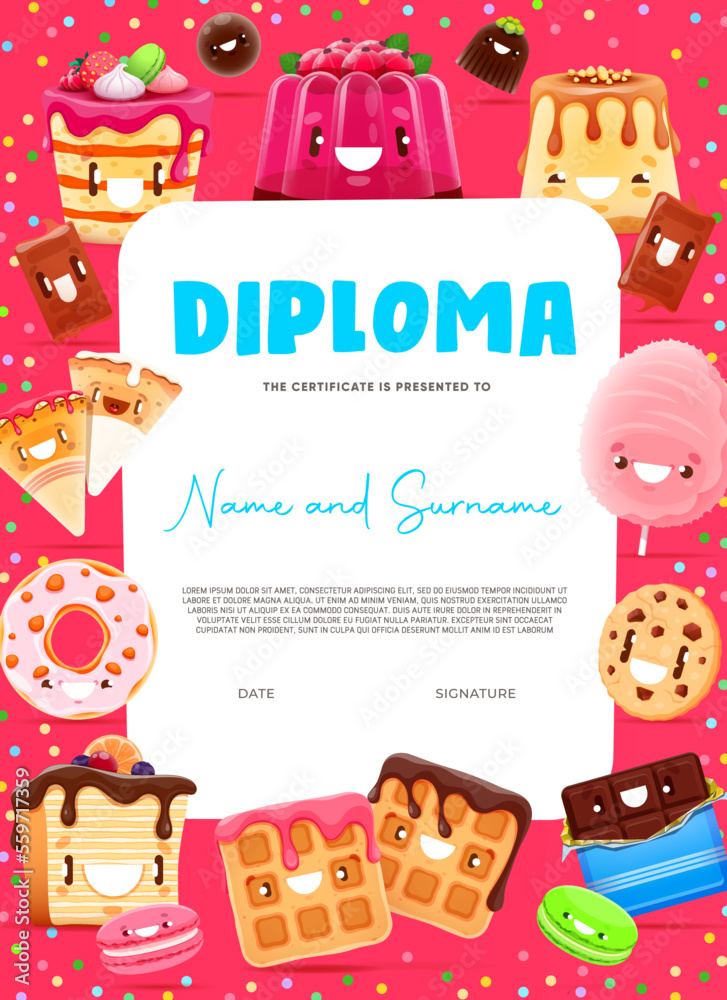 Kids diploma cartoon funny bakery and dessert characters. Vector award ...