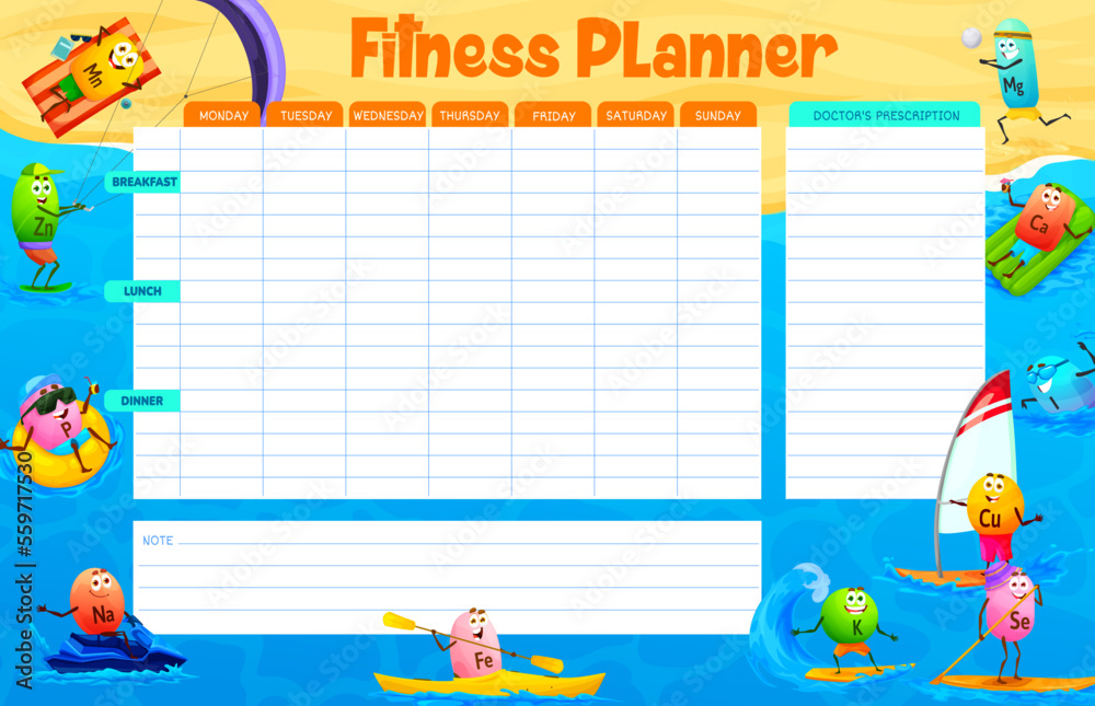 Weekly fitness planner, cartoon vitamin and mineral characters on beach ...