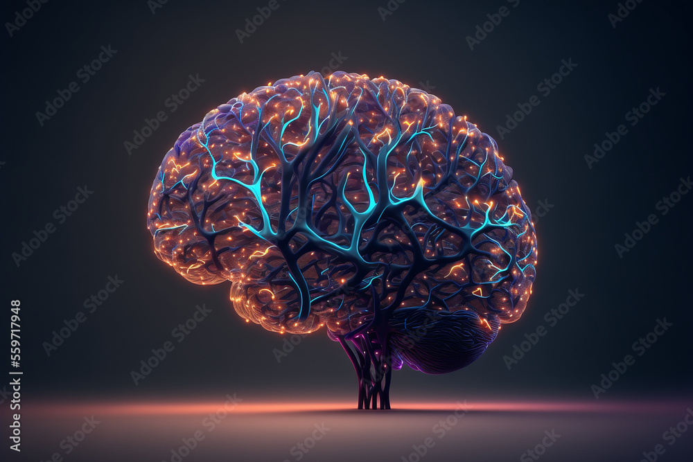 Human brain design with bright glowing plexus lines network. Generative ...