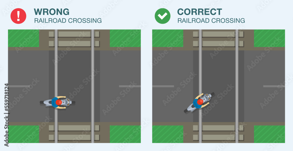 Safe motorcycle riding rules and tips. Correct and wrong railroad ...