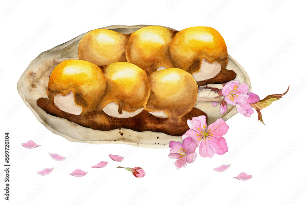 Watercolor hand drawn traditional Japanese sweets. Ceramic dish ...