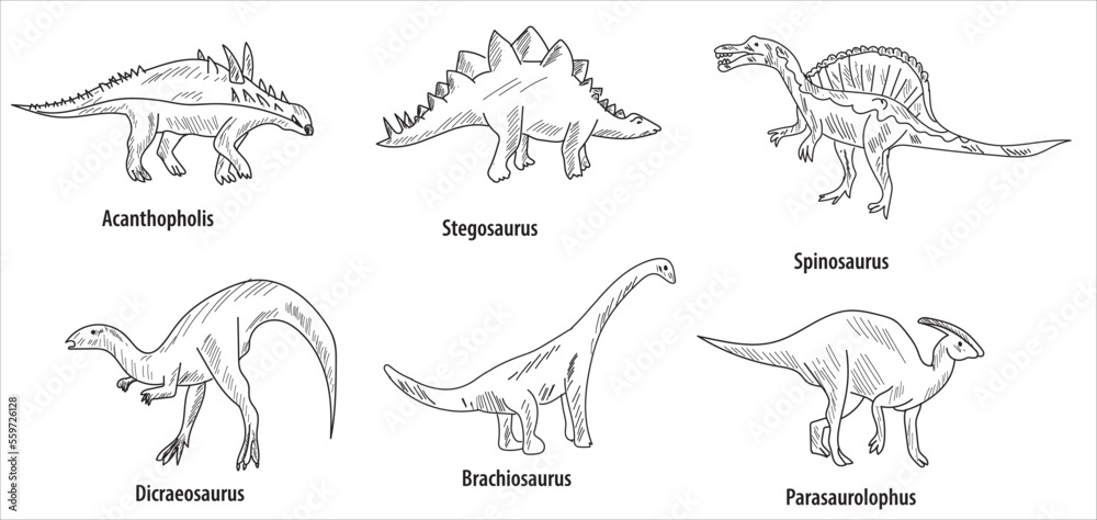 Vetor de line and hatch drawing 6 dinosaur drawings vector illustration ...
