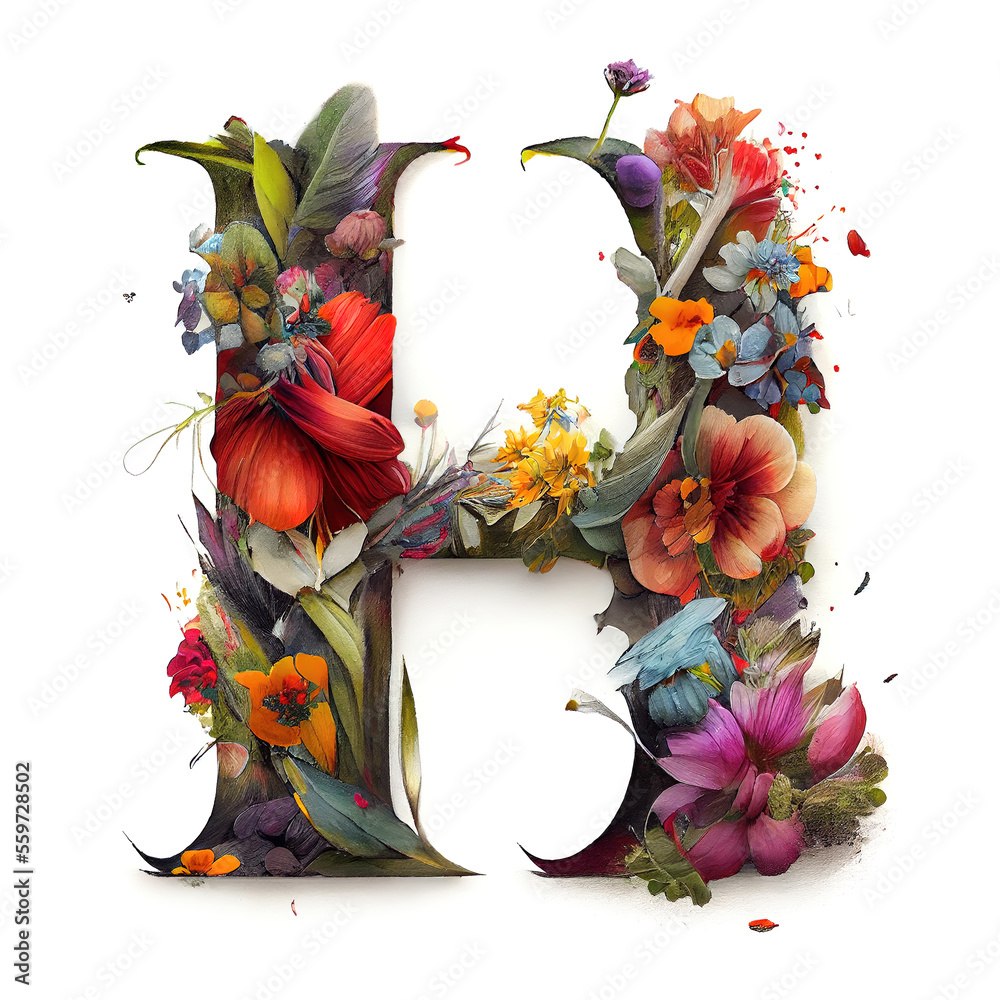 Colorful alphabet capital letter H made with flowers. Ink painting ...