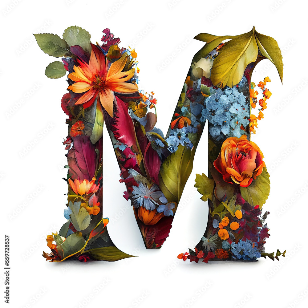 Colorful alphabet capital letter M made with flowers. Ink painting ...