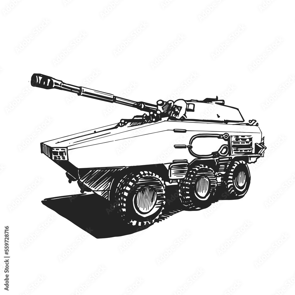 Wheeled tank. Military vehicle. Hand drawing. Stock Vector | Adobe Stock