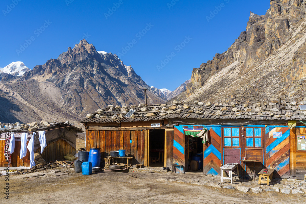 A cozy teahouse in Lhonak, a remote village on the Kanchenjunga Base ...
