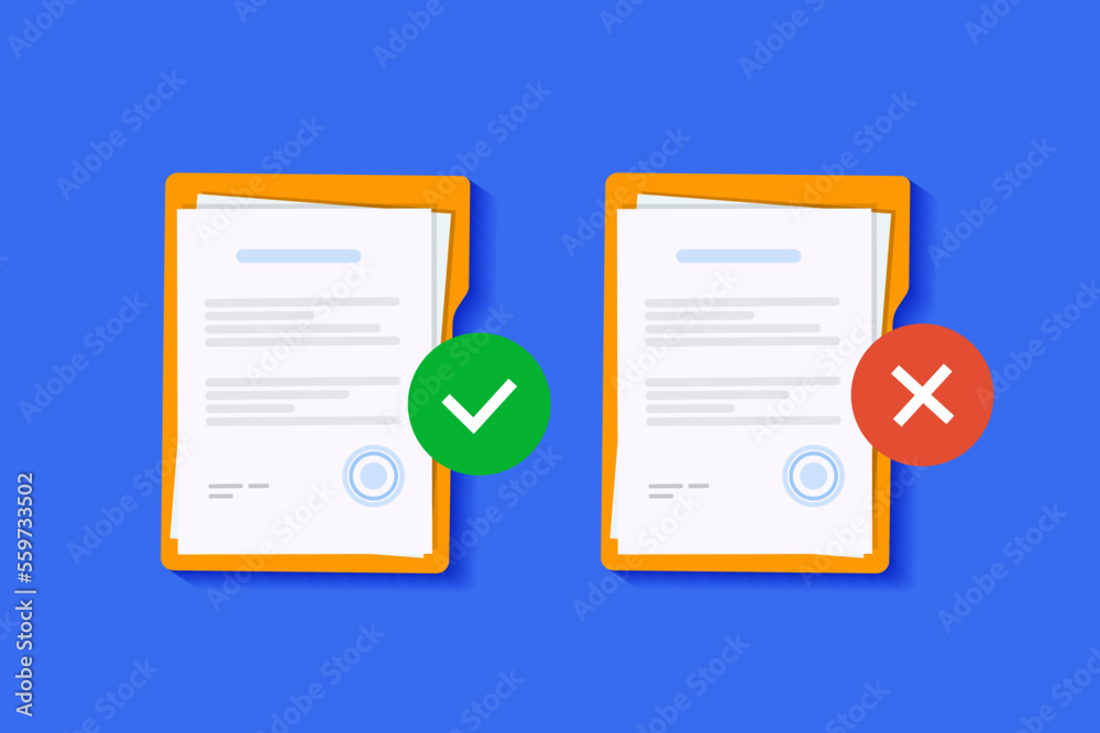 Approved and rejected document. Clipboard with document, red rejected ...