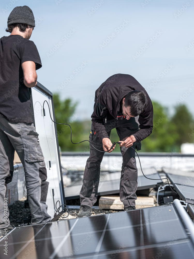 Male team engineers installing stand-alone solar photovoltaic panel ...