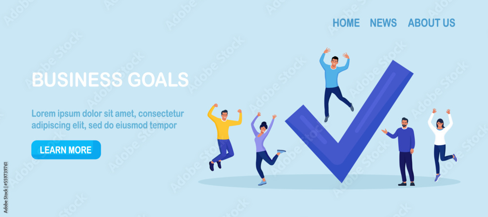 Happy employee people celebrating completed task near big check mark ...