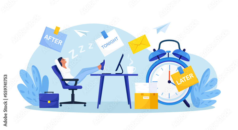 Procrastination or project deadline. Lazy business woman sitting with ...