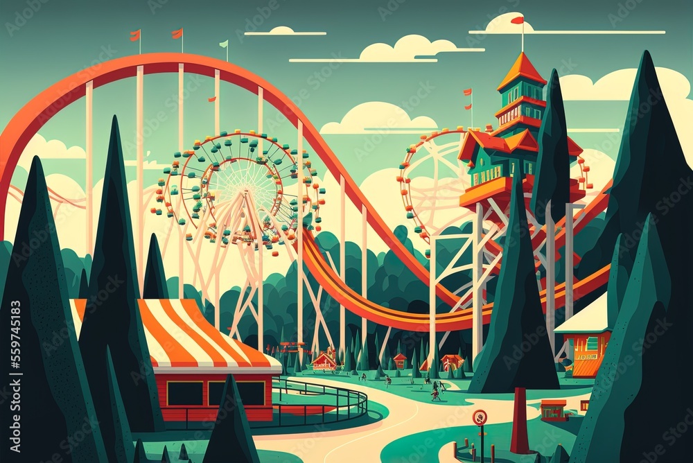 scene from an amusement park, complete with winding road. Generative AI ...
