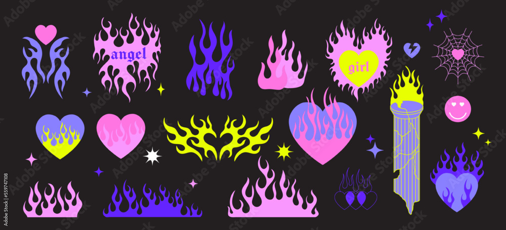 y2k gothic flame tattoo stickers. Retro psychedelic love art. Vector ...