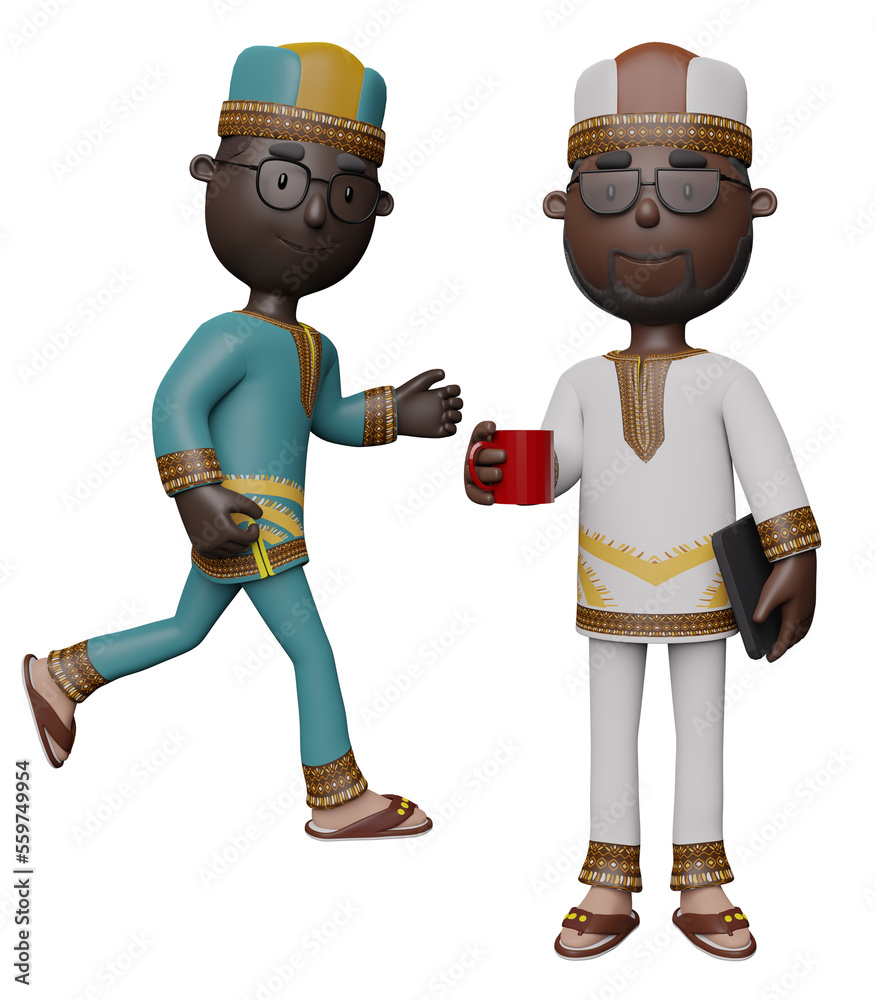 Cartoon character African men wearing traditional clothes walking and ...