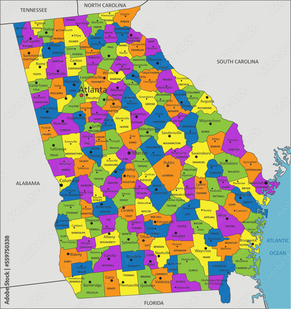 Colorful Georgia political map with clearly labeled, separated layers ...