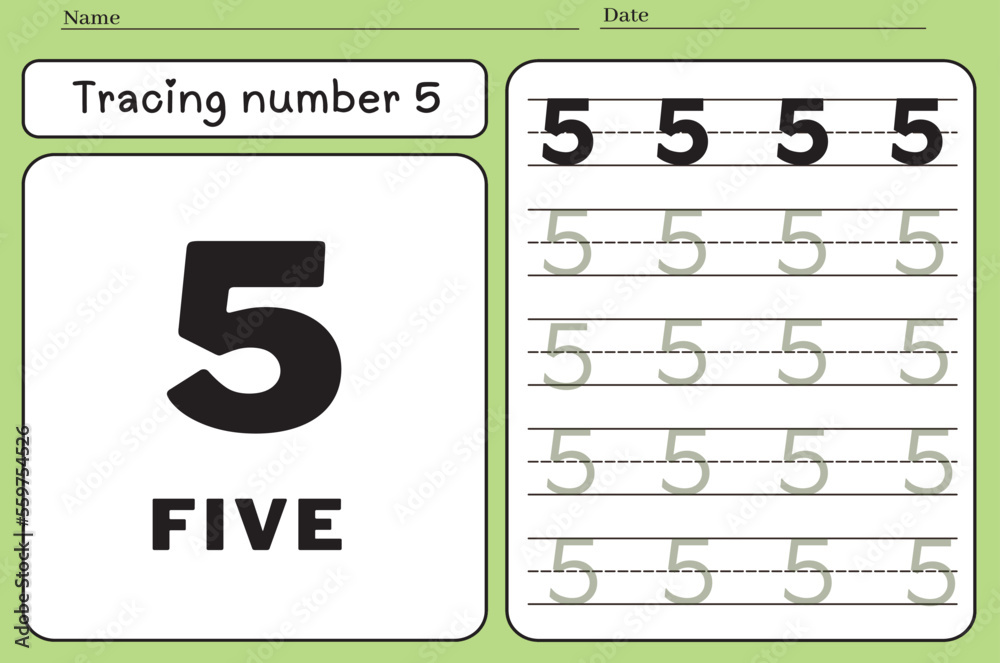 Number 5. tracing practice worksheet for kids learning to count and ...