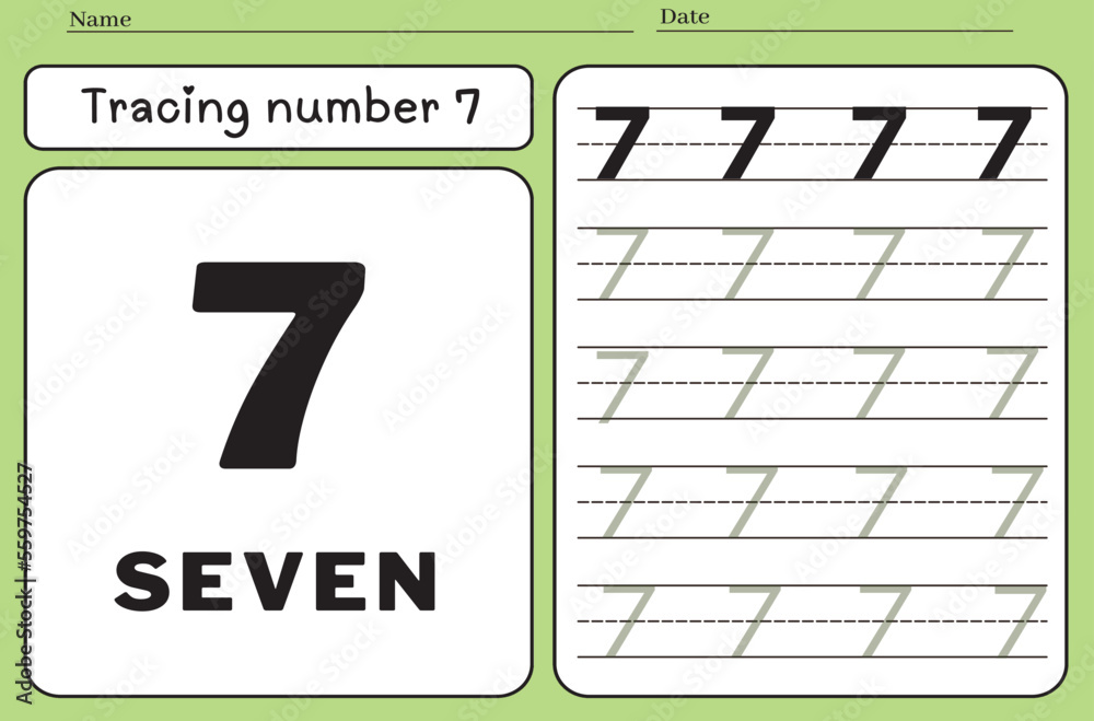 Number 7. tracing practice worksheet for kids learning to count and ...