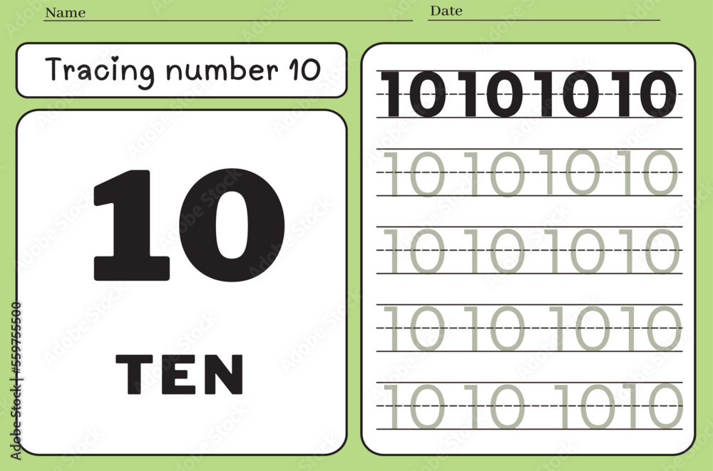 Number 10. tracing practice worksheet for kids learning to count and ...