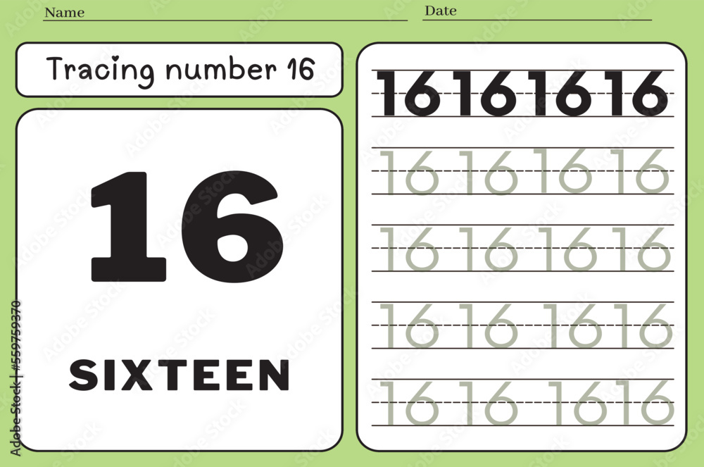 Number 16. tracing practice worksheet for kids learning to count and ...