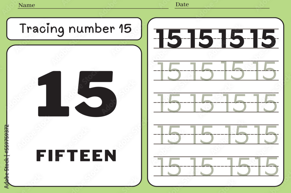 Number 15. tracing practice worksheet for kids learning to count and ...