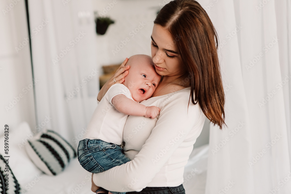 Little boy funny cute child baby, mother hold comforting the child ...