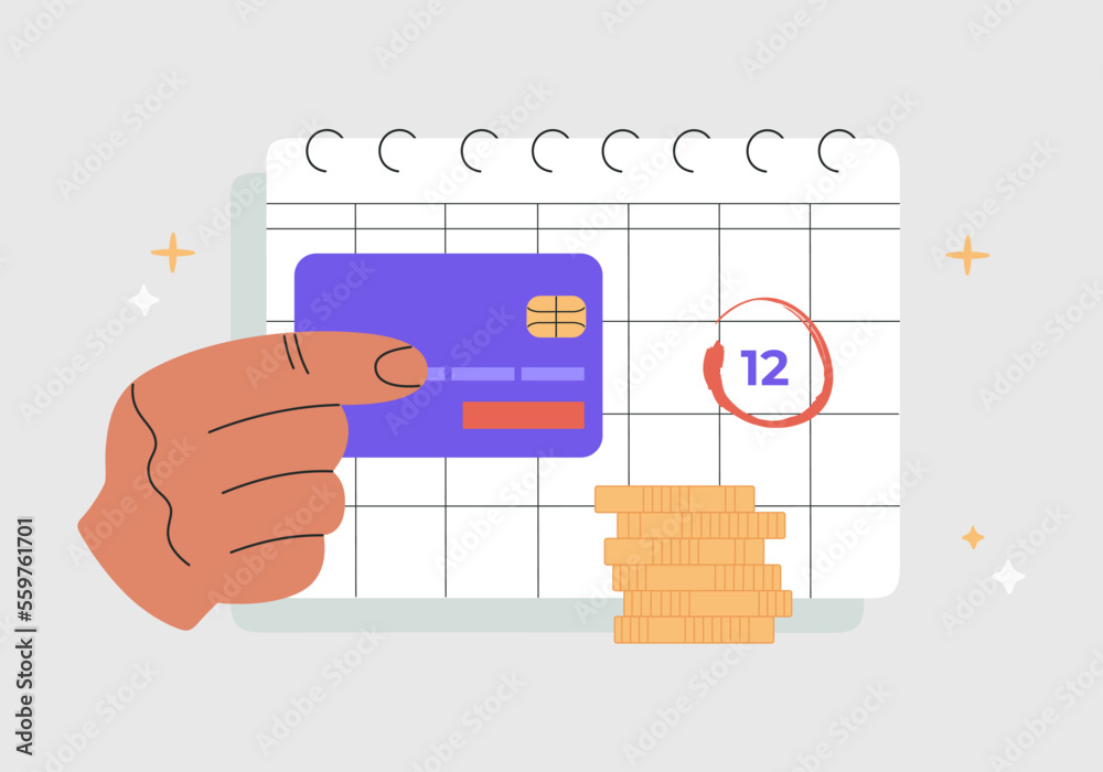 Payment calendar and hand with credit card. Concept of regular monthly ...