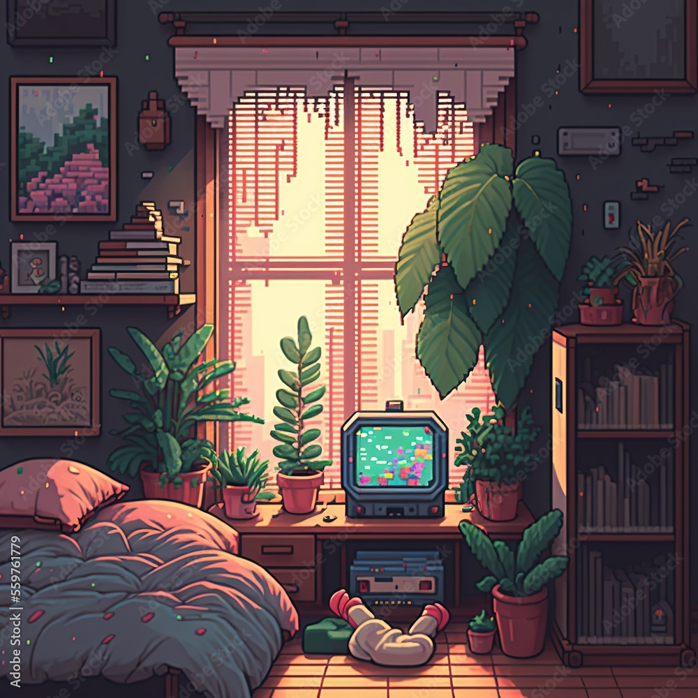 16 bit pixel art, cozy plant filled bedroom on a rainy day, ai ... 16 bit pixel art, cozy plant filled bedroom on a rainy day, ai ...